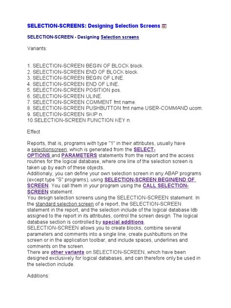 SELECTION-SCREENS: Designing Selection Screens | PDF | Reserved Word ...