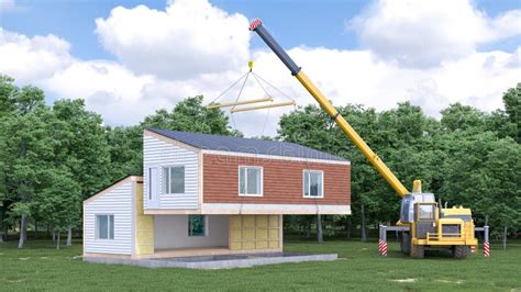 assembling a modular house exterior 3d illustration stock illustration