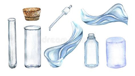 Set Of Glass Flask With Cork Watercolor Illustration Isolated On White