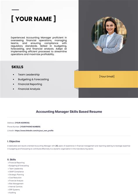 Free Accounting Manager Skills Based Resume Template To Edit Online