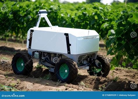 A Robot Is On A Field With A Field In The Background Stock Image