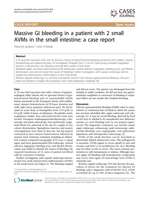 Pdf Massive Gi Bleeding In A Patient With 2 Small Avms In The Small Intestine A Case Report