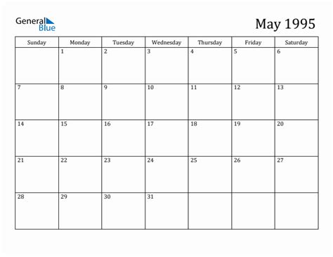 May 1995 Printable Monthly Calendar With Notes
