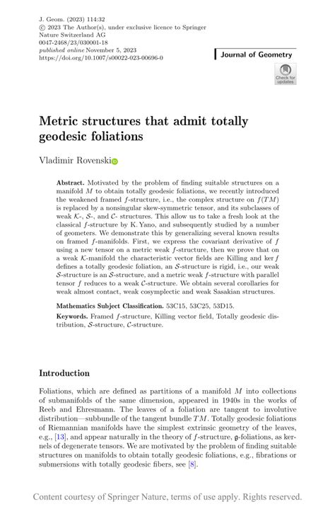 Metric Structures That Admit Totally Geodesic Foliations Request Pdf