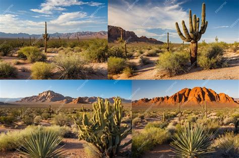 Four Different Desert Forest Landscape Scenes With Various Desert