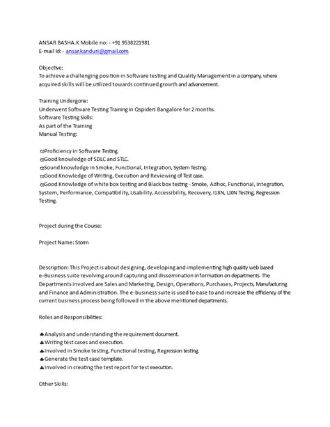 Software Manual Testing Resume For Fresher How To Make A Software
