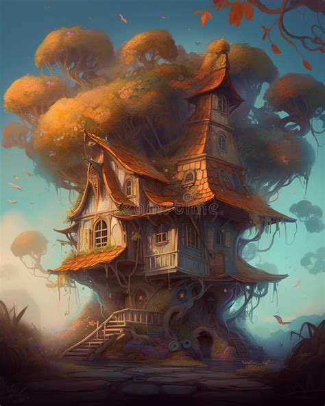 Generative Ai Tree And House With Gardens And Path Stock Illustration Illustration Of Forest