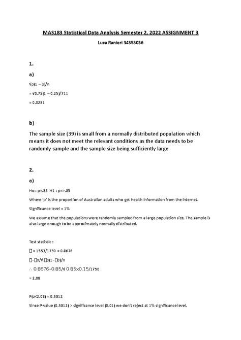 Assignment 3 2021 Mas183 Statistical Data Analysis Semester 2 2022 Assignment 3 Luca Ranieri