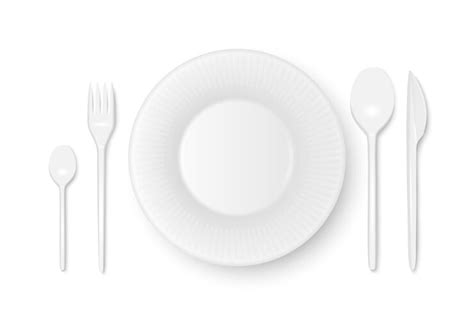 벡터 3d 현실적인 흰색 플라스틱 종이 일회용 음식 접시 칼 붙이 접시 숟가락 포크 Khife 아이콘 세트 격리 된 상위 뷰