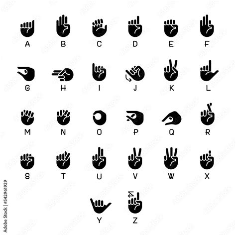 Letters In American Sign Language Black Glyph Icons Set On White Space