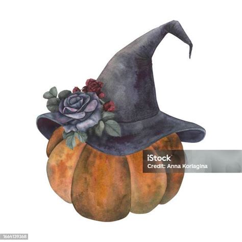 가을 호박 하얀 배경에 고립된 장미가 있는 마녀 모자 수채화 손으로 그린 다크 판타지 스케치 Iillustration 예술 디자인 신비로운 할로윈 마녀 장식 무서운 인사말