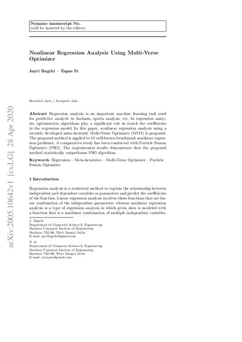 Pdf Nonlinear Regression Analysis Using Multi Verse Optimizer
