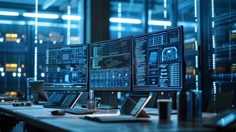 High Tech Workstation With Multiple Computer Monitors Displaying Graphs And Analytical Data Ai
