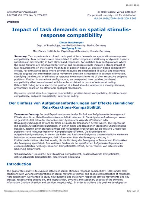 Pdf Impact Of Task Demands On Spatial Stimulus Response Compatibility