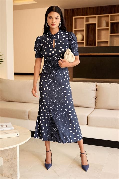 Buy Lipsy Navy Blue White Polka Dot Printed Short Puff Sleeve Gathered