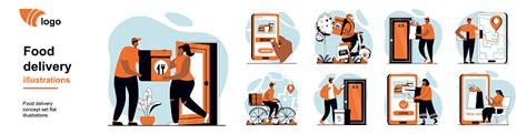 음식 배달 컨셉 사람들 장면 메가 플랫 웹 디자인으로 설정 택배 배송 상자 주문과 캐릭터 상황 번들 앱에서 추적 지도와 함께