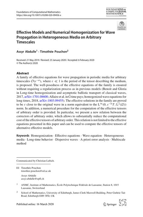 Pdf Effective Models And Numerical Homogenization For Wave Propagation In Heterogeneous Media