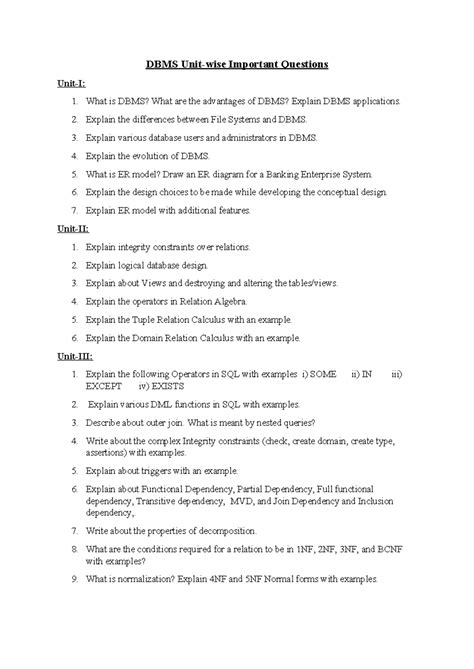 Dbms Unit Wise Imp Questions 2 Dbms Unit Wise Important Questions