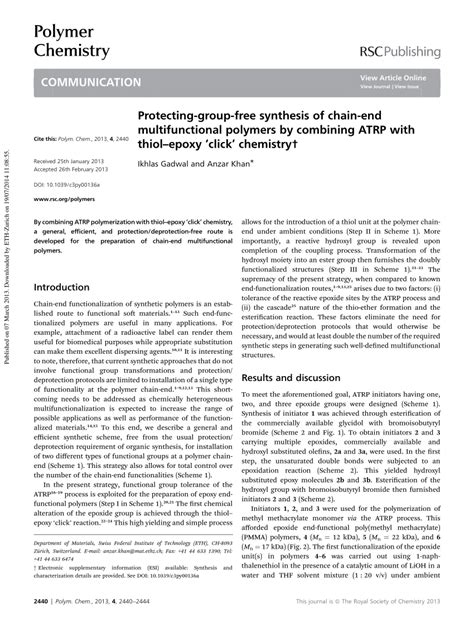 Pdf Protecting Group Free Synthesis Of Chain End Multifunctional Polymers By Combining Atrp