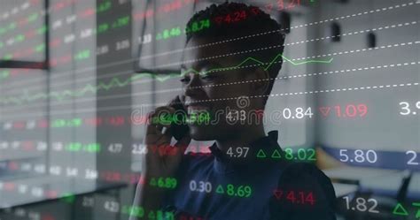 Image Of Diagrams And Data Processing Over Biracial Businesswoman Talking On Smartphone Stock