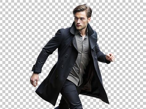 Premium PSD Man Running Away Wearing A Black Trench Coat On Transparent Background