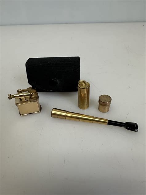 Tiny Vintage Golden Wheel Lift Arm Art Deco Cigarette Lighter And Holder In Case