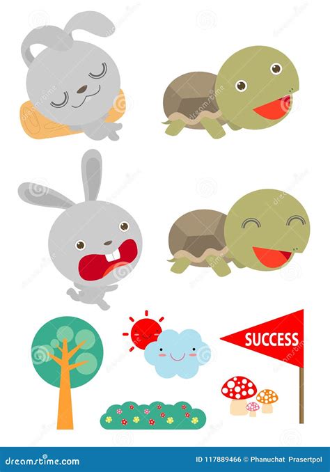 Set Of Tortoise And The Hareturtle And Rabbit Racing Together To Win