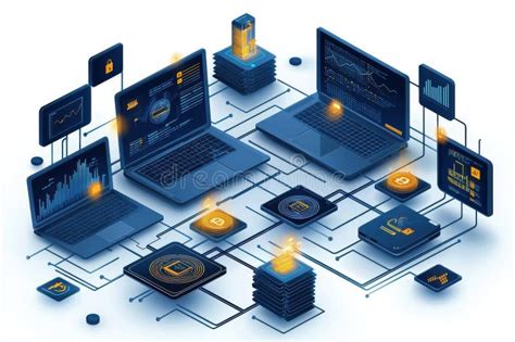 isometric image showcasing digital cryptocurrency and blockchain data