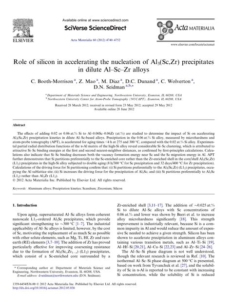 Pdf Role Of Silicon In Accelerating The Nucleation Of Al3sczr Precipitates In Dilute Alsc