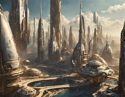 미지의 행성에는 기술 디자인의 거대한 건물이 있는 미래 지향적인 판타지 도시가 있습니다 무한한 길을 형성하는 은빛 유리 구조로 화려한 금과 동 밝은 색상으로