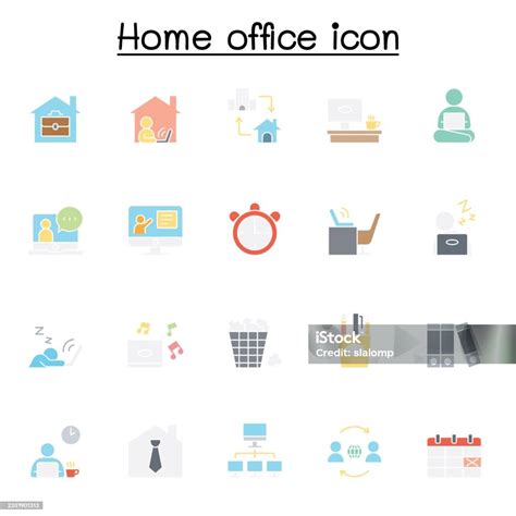 프리랜서 및 집에서 일하기 아이콘 세트 재택 근무 원격 작업 프리랜서 온라인 화상 회의 온라인 작업 등과 같은 선형 단순 웹 아이콘 모음입니다 플랫 컬러 스타일에서 데이터에