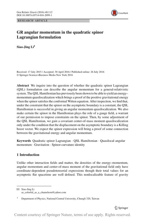 Gr Angular Momentum In The Quadratic Spinor Lagrangian Formulation