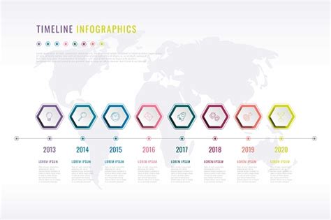 육각형 요소 연도 표시 및 배경에 세계지도와 회사 역사 인포그래픽 현대의 현실적인 3d 비즈니스 데이터 시각화 벡터 회사 프리젠 테이션 슬라이드 템플릿 Eps 10 0명에