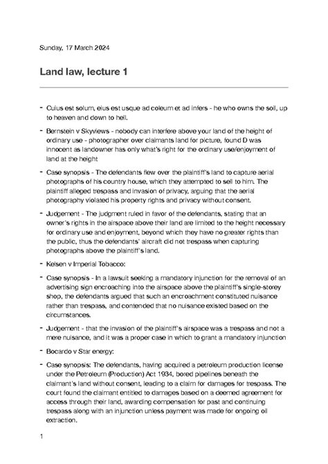 Land Law Lecture 1 Week 1 Revision Notes Sunday 17 March 2024 Land