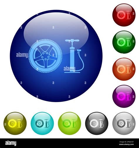 Car Wheel And Pump Icons On Round Glass Buttons In Multiple Colors Arranged Layer Structure