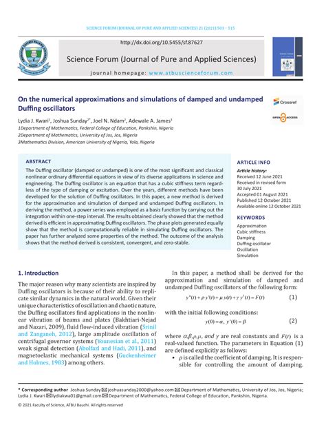 Pdf On The Numerical Approximations And Simulations Of Damped And Undamped Duffing Oscillators
