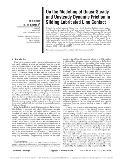 Pdf On The Modeling Of Quasi Steady And Unsteady Dynamic Friction In Sliding Lubricated Line