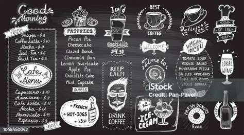 카페 메뉴 칠판 디자인 세트 과자 및 음료 채식 메뉴 커피와 차 기호 손으로 그린 라인 그래픽 일러스트 분필에 대한 스톡 벡터 아트 및 기타 이미지 Istock