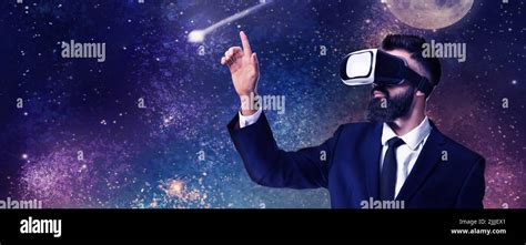 Businessman Wearing Virtual Reality Glasses Against Color Background