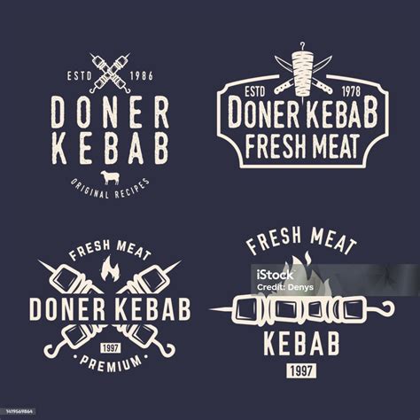 도너 케밥 빈티지 로고 세트 케밥 검은 배경에 고립 된 꼬치와 불이있는 Shawarma 로고 벡터 일러스트 레이 션 도뇌르 케밥에 대한 스톡 벡터 아트 및 기타 이미지