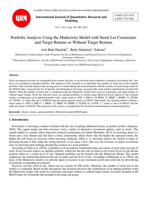 Pdf Portfolio Analysis Using The Markowitz Model With Stock Lot Constraints And Target Returns