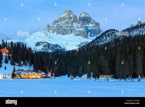 Beautiful Winter Frozen Up Alpine Lake Misurina View At Auronzo Di