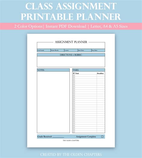 Printable Assignment Worksheet School Project Planner College