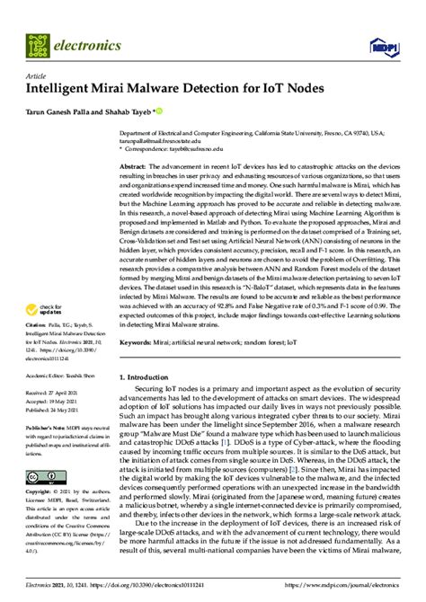 Pdf Intelligent Mirai Malware Detection For Iot Nodes
