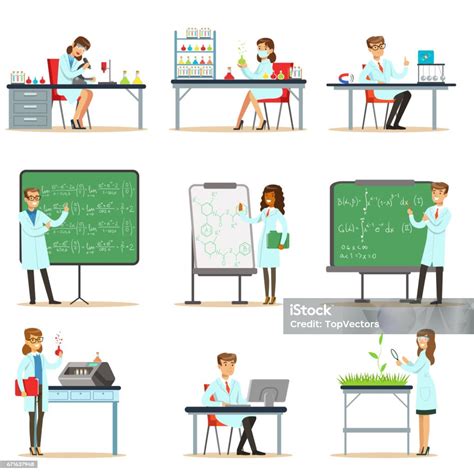 과학 연구를 하는 학술 과학 분야에서 일하는 미소 짓는 사람들의 사무실 시리즈와 실험실에서 일하는 과학자들 건강 진단에 대한 스톡 벡터 아트 및 기타 이미지 Istock