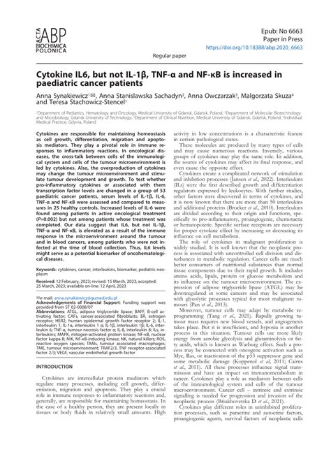 Pdf Cytokine Il6 But Not Il 1β Tnf α And Nf κb Is Increased In
