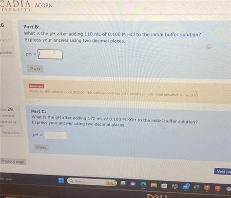 solved part b what is the ph after adding 110 ml of