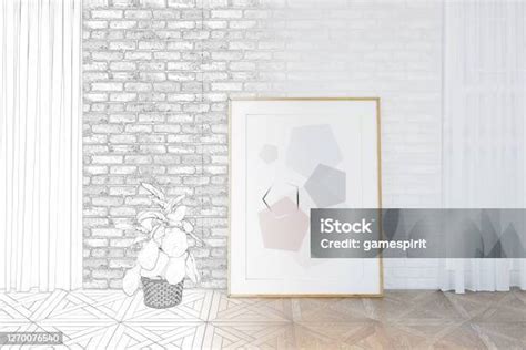 스케치는 쪽모이 세공 바닥에 고리버들 바구니에 있는 식물 옆에 수직 포스터가 있는 실제 인테리어가 됩니다 객실에는 두 개의 창문 사이에 얇은 명주 그물 커튼이 있는 벽돌