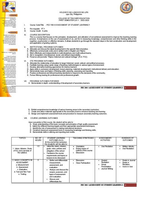 Syllabus Pec 106 Asl Pdf Educational Assessment Learning