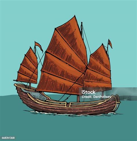 정크 바다 파도에 떠 있는입니다 손으로 배를 항해 하는 디자인 요소 도출 빈티지 벡터 일러스트 포스터 레이블 소인에 대 한 조각 0명에 대한 스톡 벡터 아트 및 기타 이미지